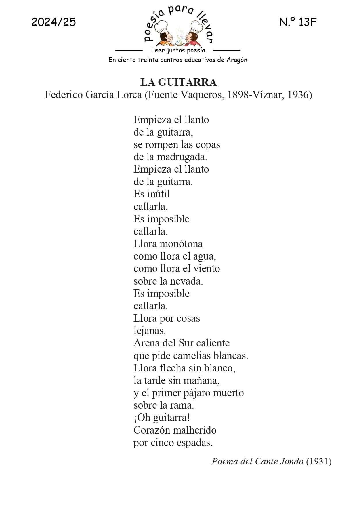 N.º 13 F «La guitarra» de Federico García Lorca – Poesía para llevar